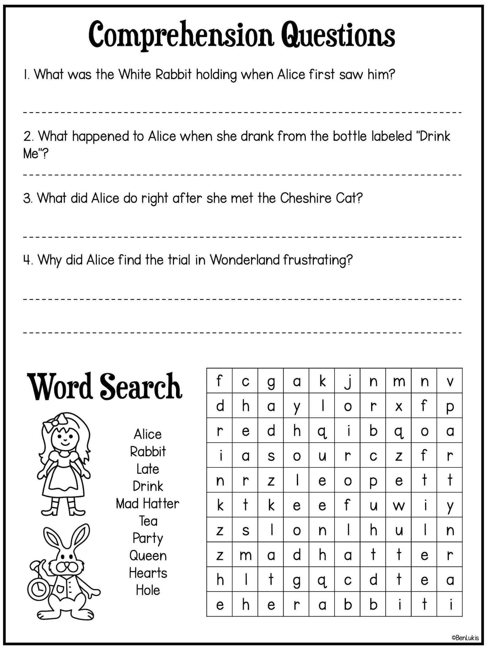 Alice in Wonderland Reading Activities Pack, Comprehension, Word Search ...