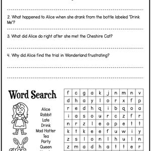 Alice in Wonderland Reading Activities Pack, Comprehension Questions ...