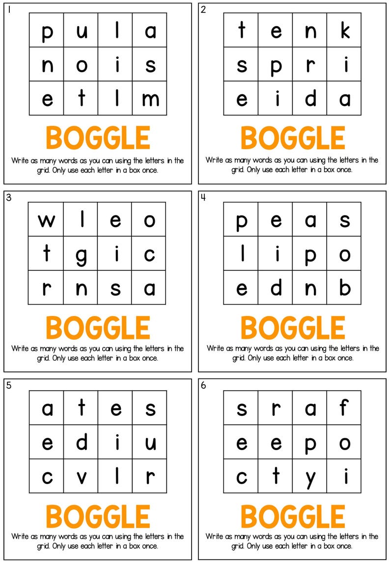 Boggle Cards for Spelling and Making Words, Printable PDF Boggle ...