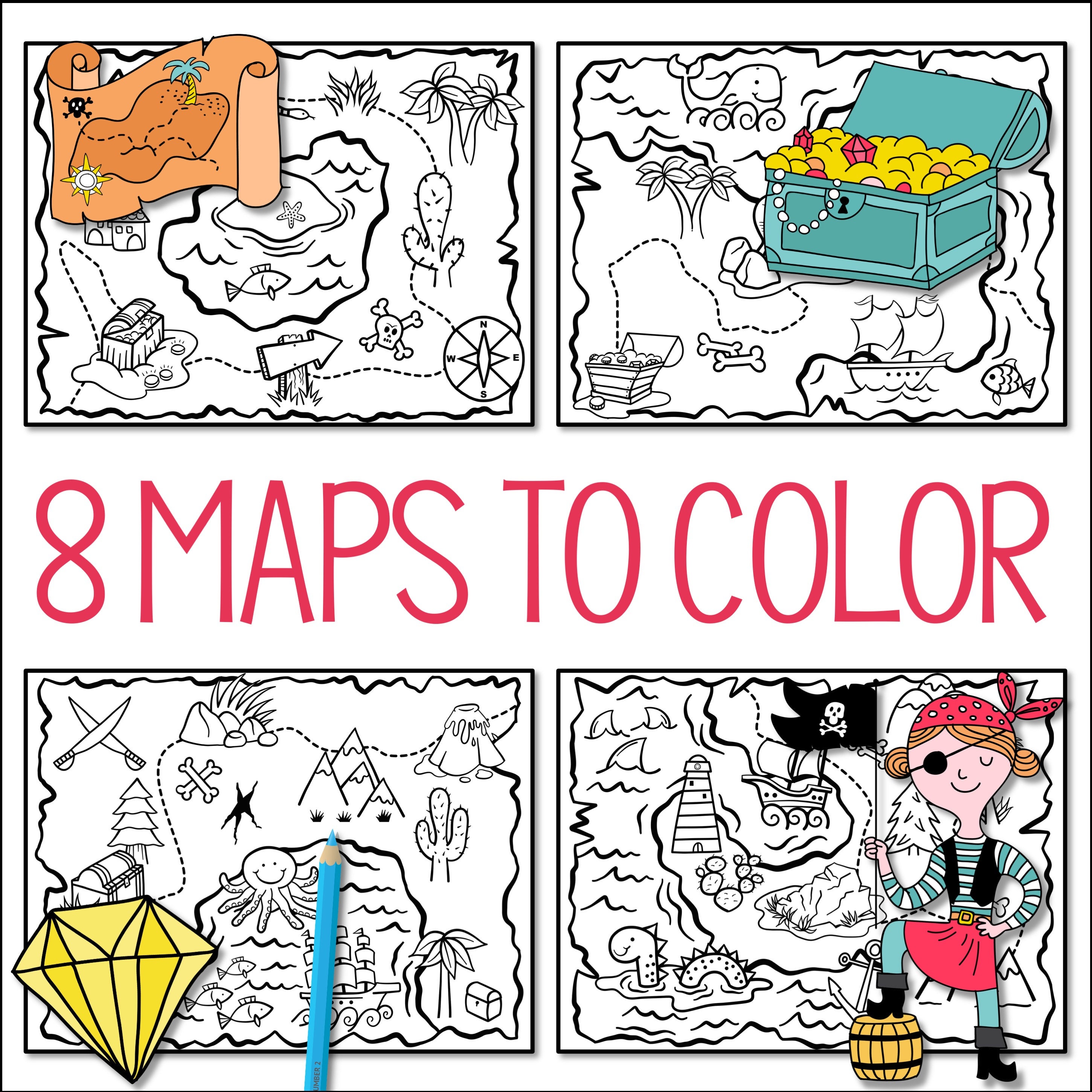 Pirate Treasure Maps Coloring Pages, Kids Printable Activity, Digital ...