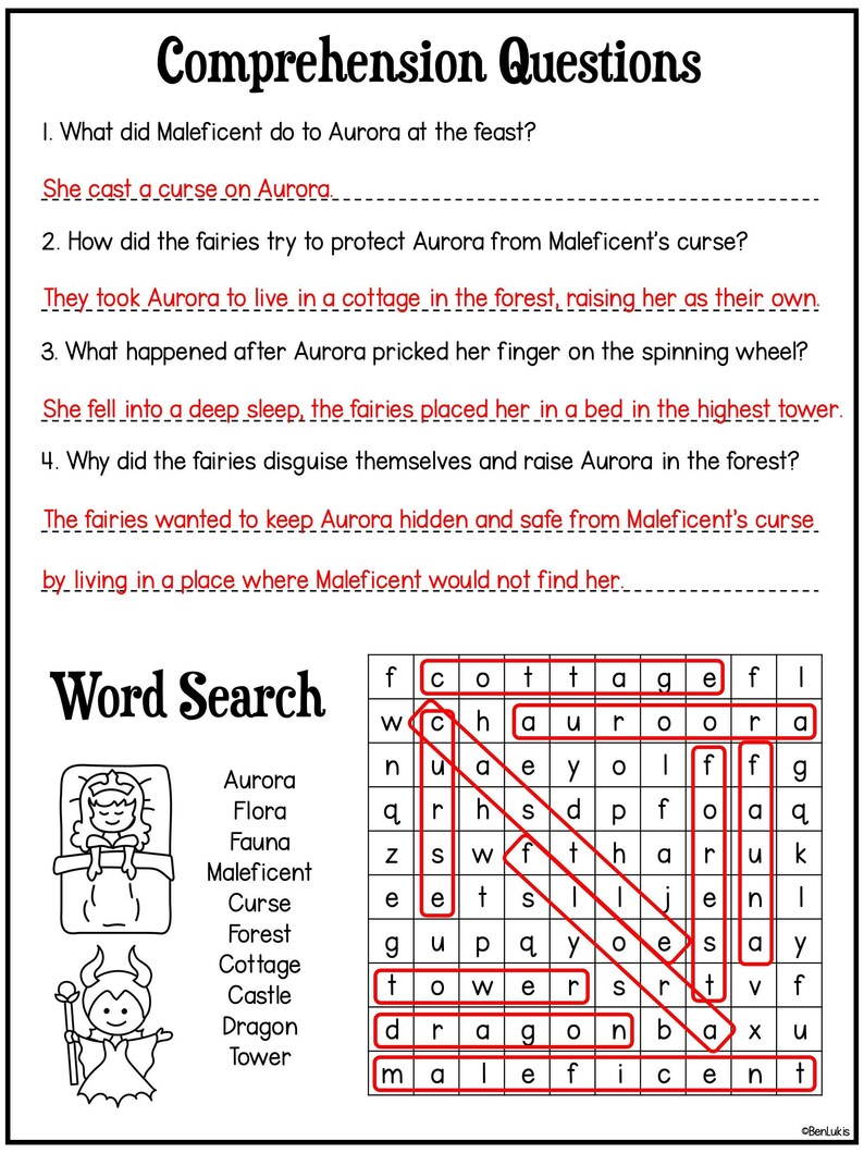Sleeping Beauty Comprehension Worksheets, Reading Activities, Word ...