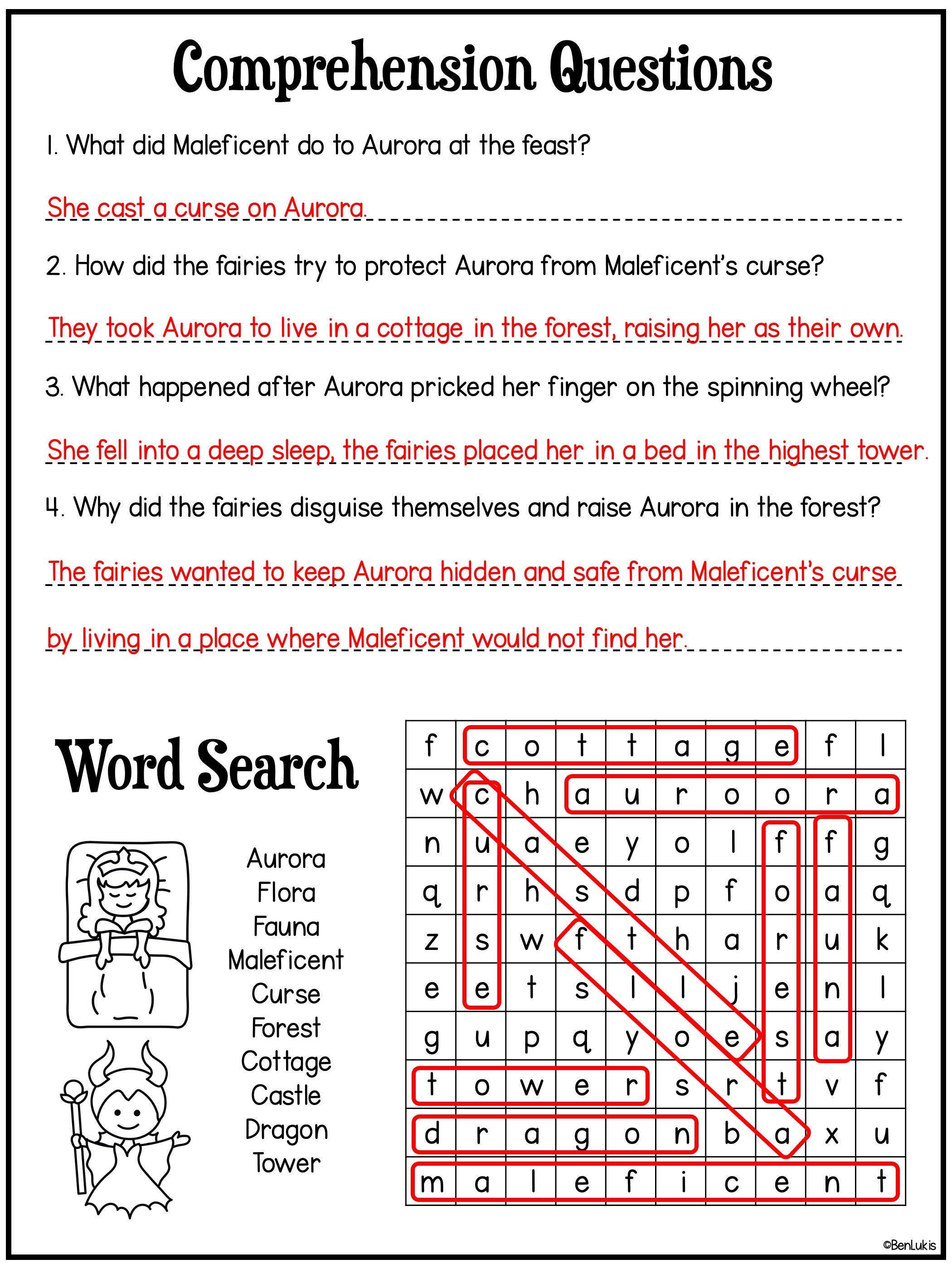 Sleeping Beauty Comprehension Worksheets, Reading Activities, Word ...