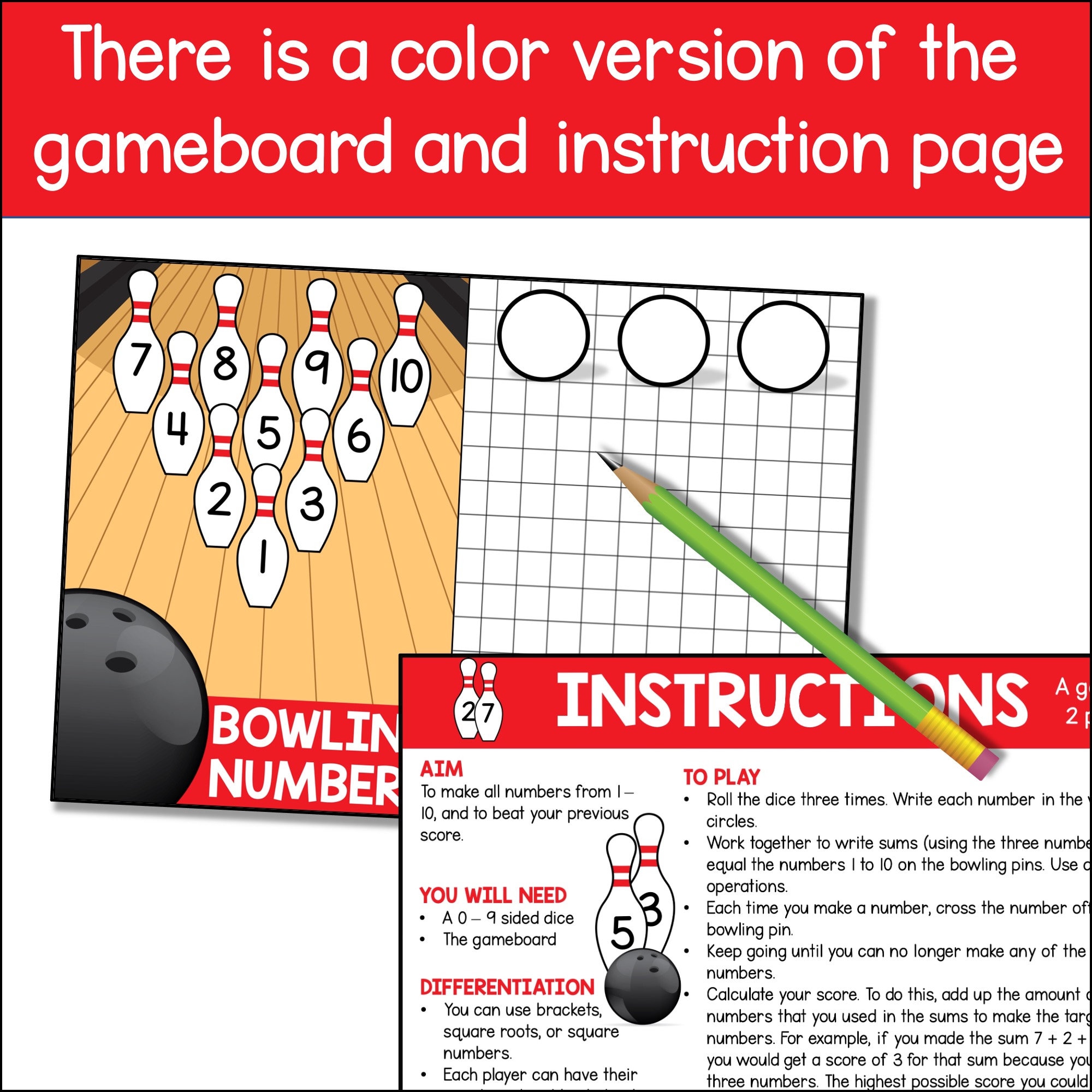 Four Operations Math Game, Bowling Numbers, Math Facts Printable PDF ...