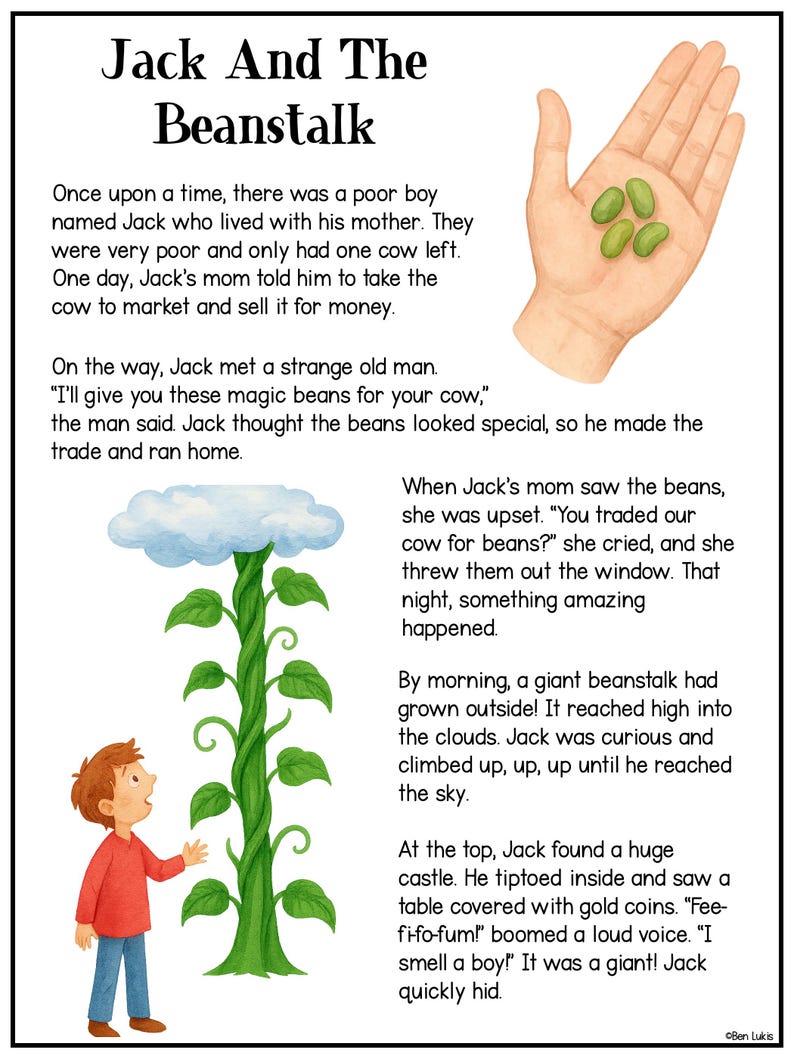 Jack and the Beanstalk Reading Passages, Printable Fairy Tale (PDF ...