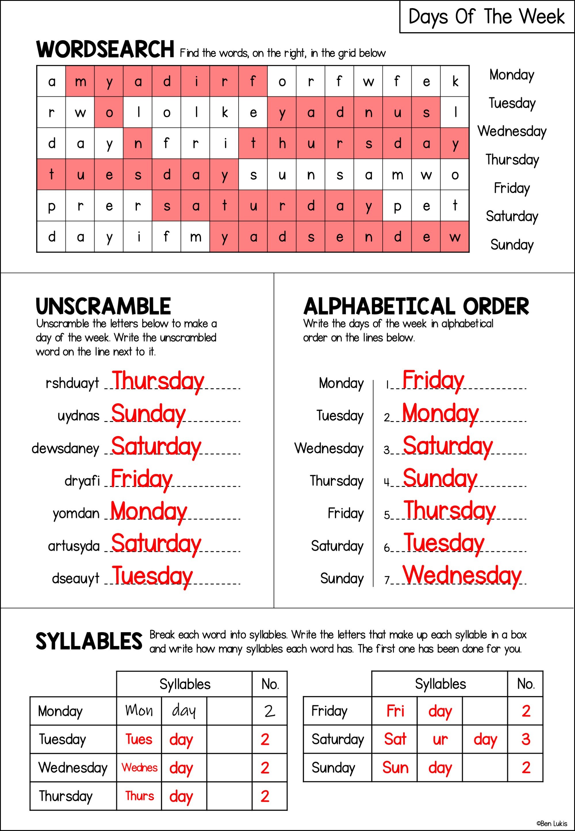 Days of the Week Spelling and Writing Activities, Day Names Literacy ...