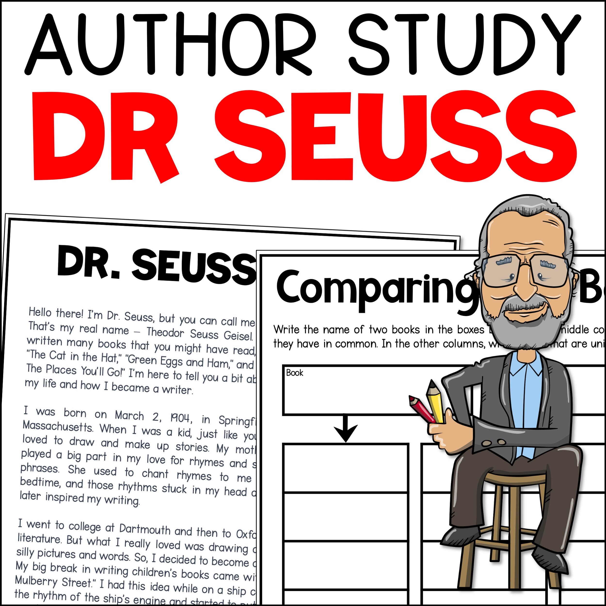 Dr Seuss Author Study Worksheets and Activities, Printable PDF Teacher ...
