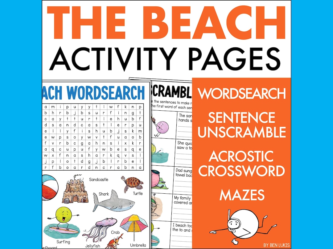 Beach Word Search, Crossword, Maze, and Sentence Unscramble Activity ...