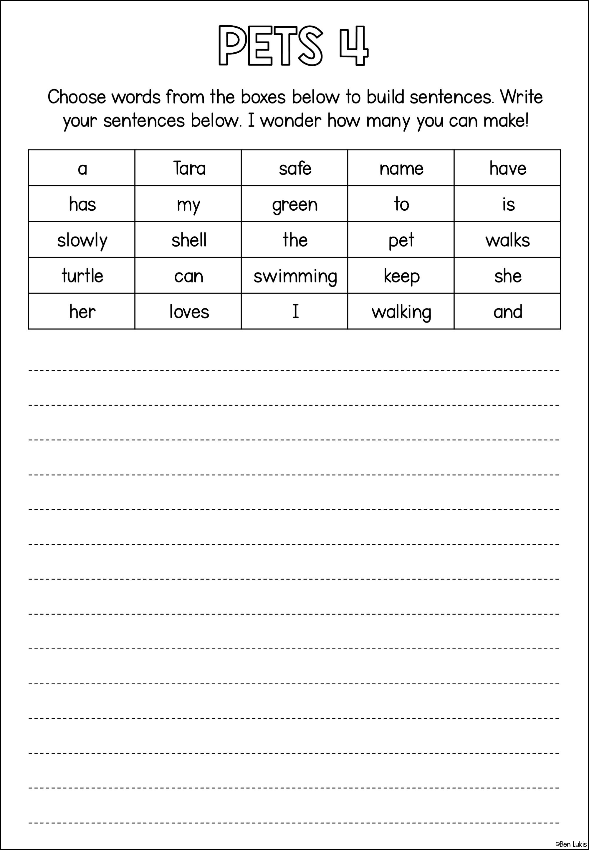 Building Sentences Using Words, Writing Sentences About Pets, Printable ...