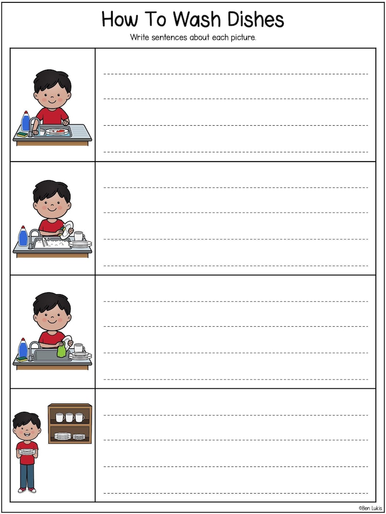 How to Wash Dishes Sequencing Writing Practice, Homeschool Activity ...