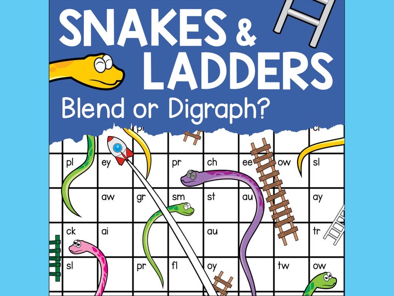 Snakes and Ladders Phonics Game for Blends and Digraphs, Printable ...