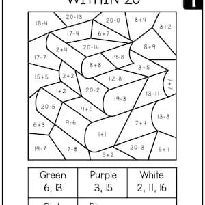 Color by Number Addition and Subtraction Within 20 Worksheets, Math ...