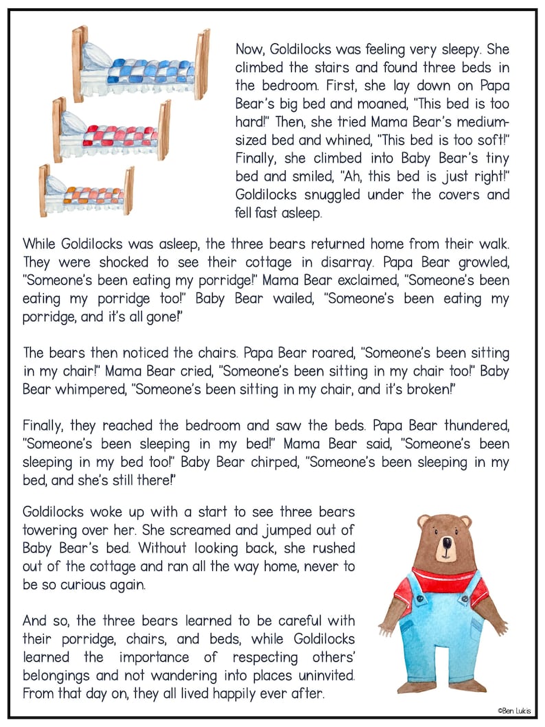 Goldilocks and the Three Bears Reading Passages, Fairy Tale to Read ...