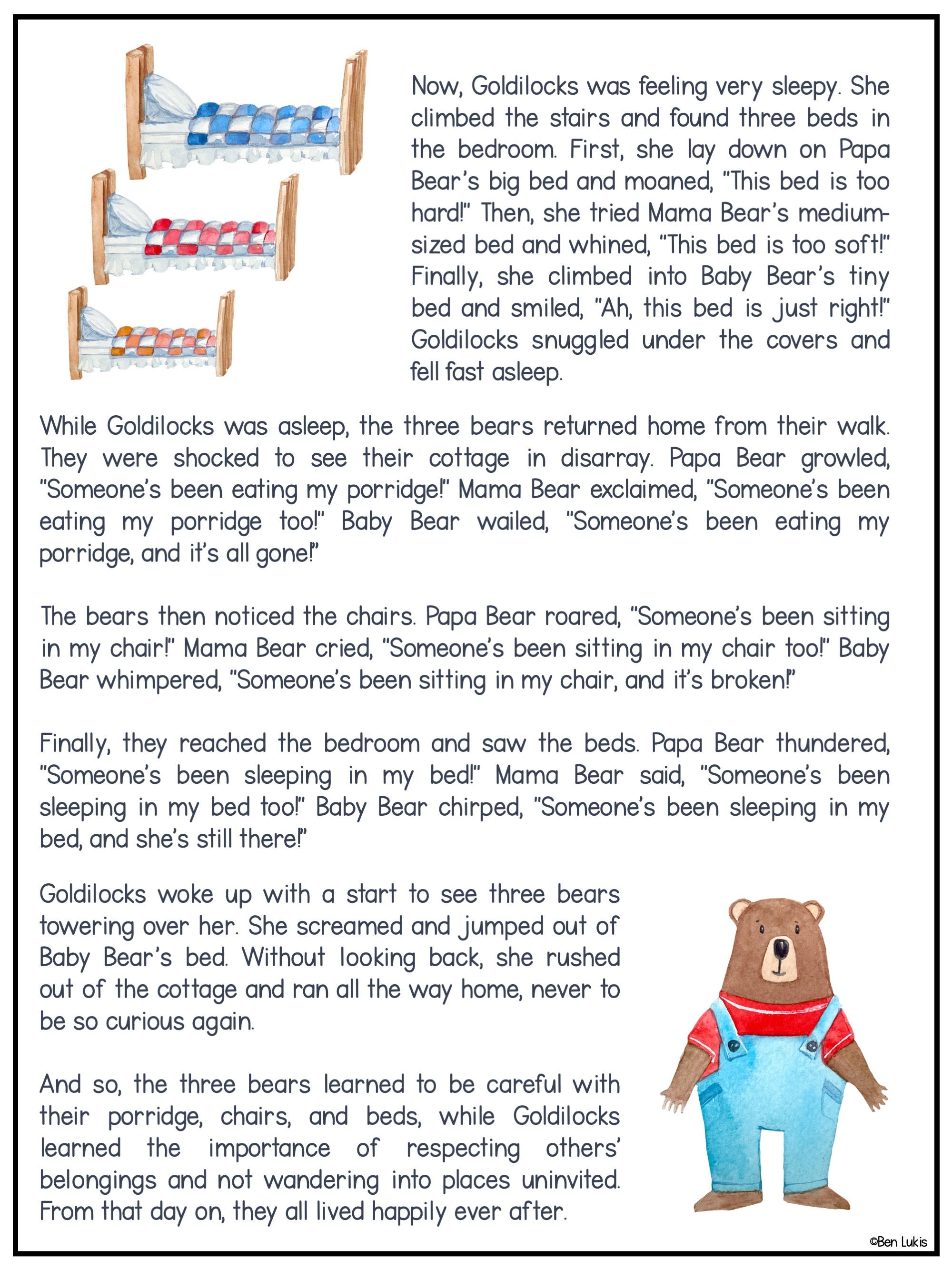 Goldilocks and the Three Bears Reading Passages, Fairy Tale to Read ...