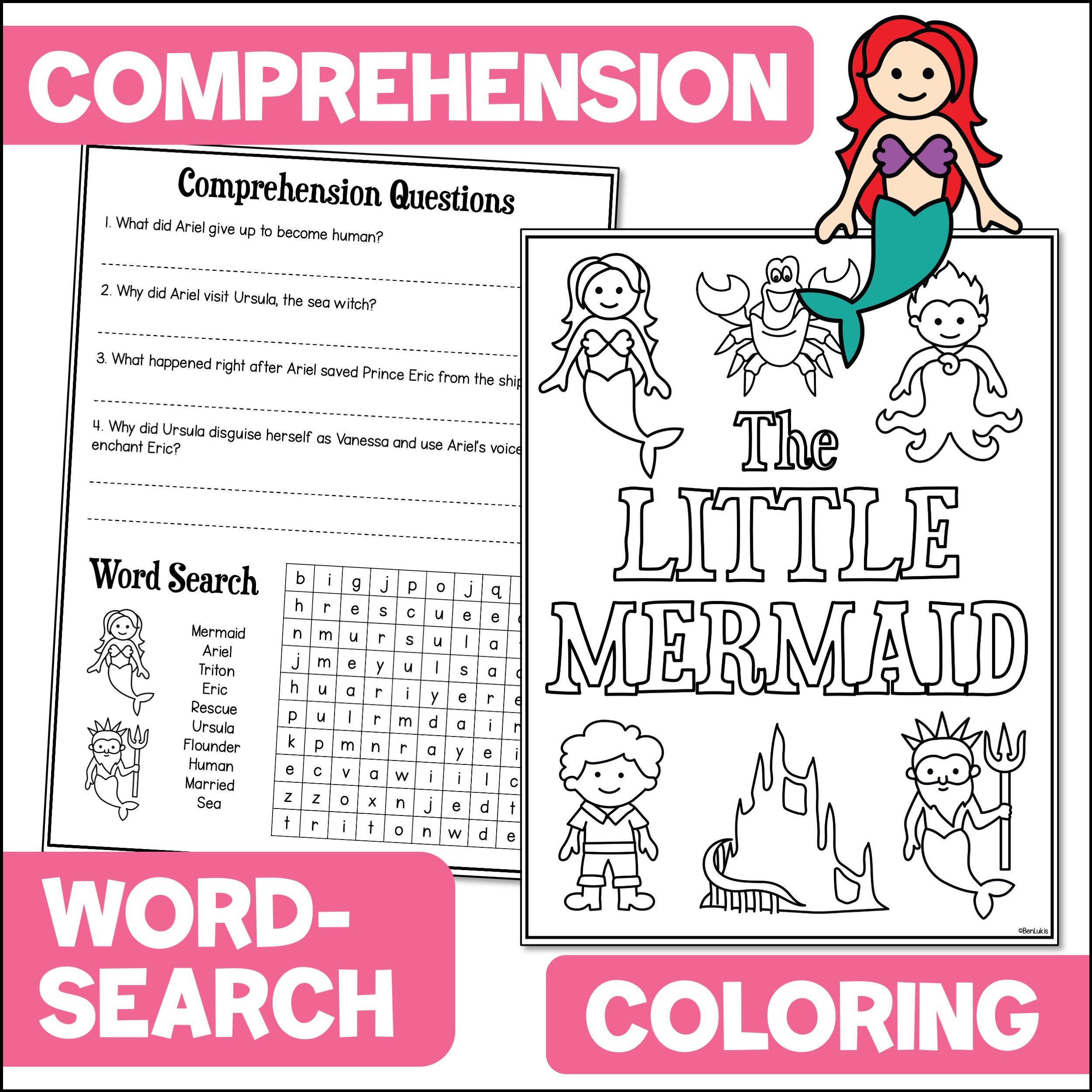 The Little Mermaid Activity Pack, Reading Comprehension Worksheets ...