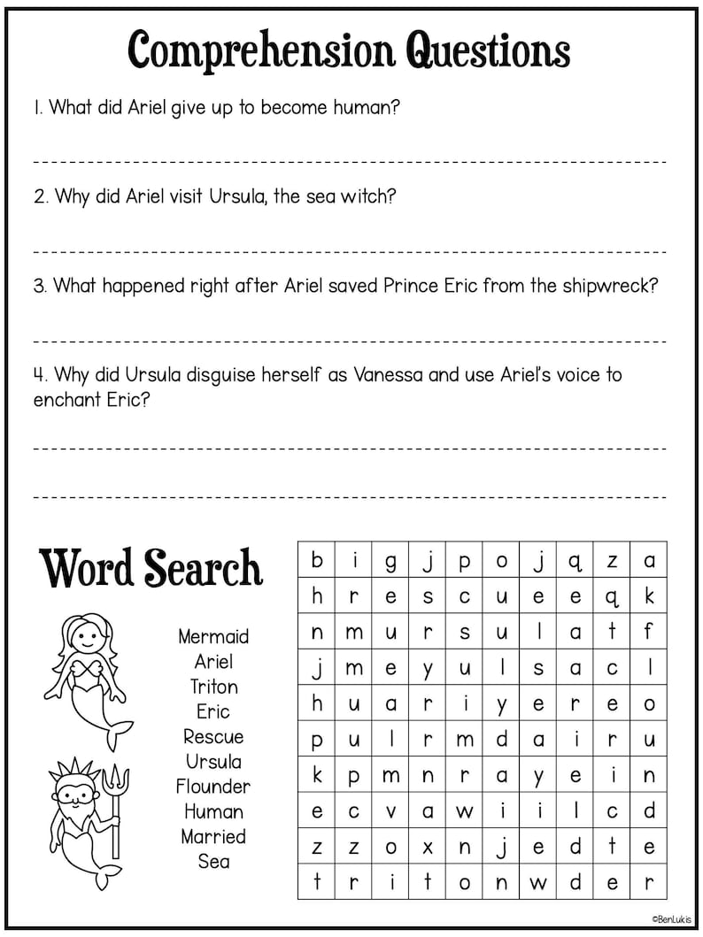 The Little Mermaid Activity Pack, Reading Comprehension Worksheets ...