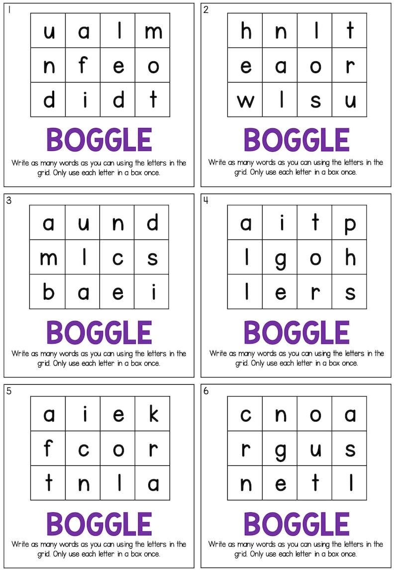 Boggle Cards for Spelling and Making Words, Printable PDF Boggle ...