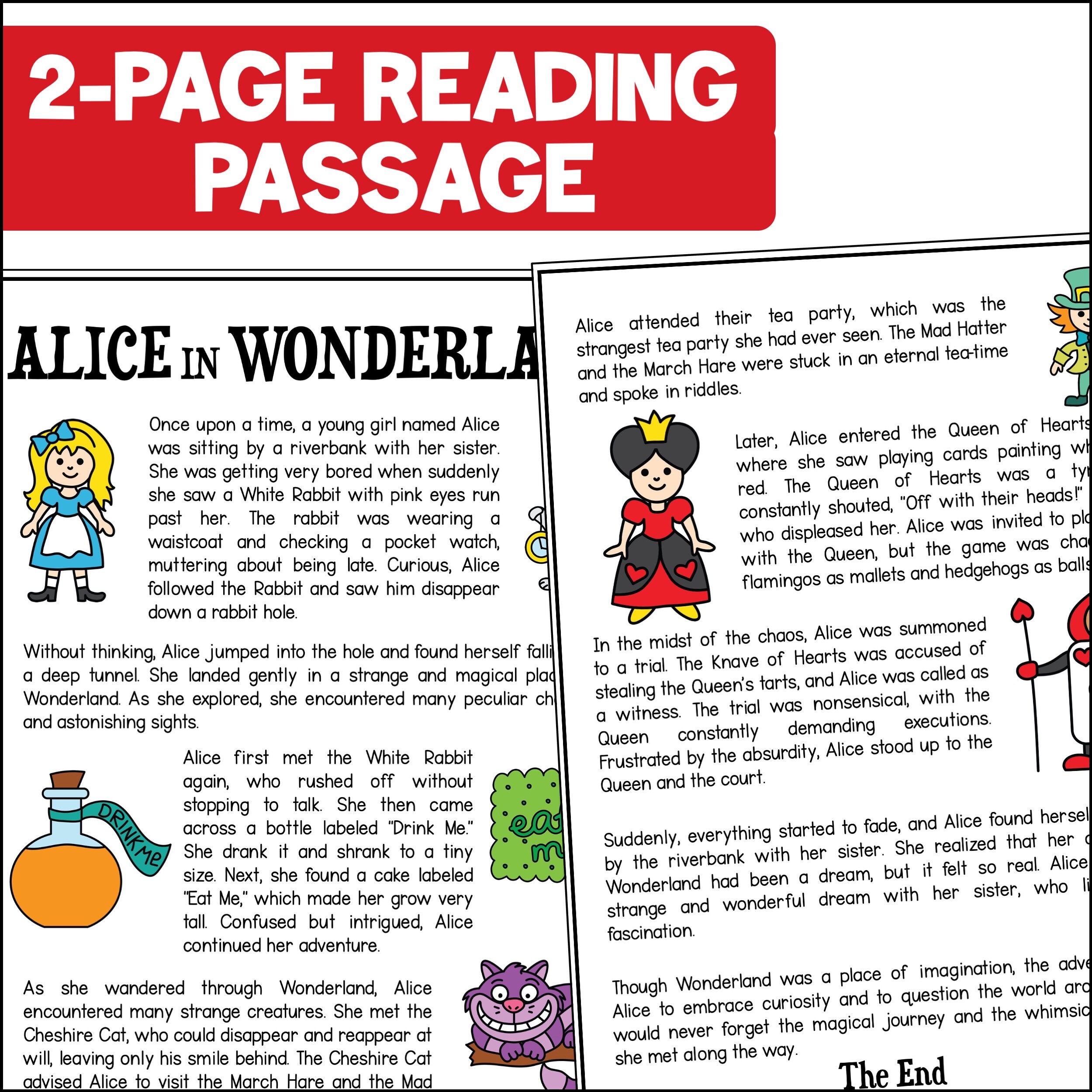 Alice in Wonderland Reading Activities Pack, Comprehension Questions ...