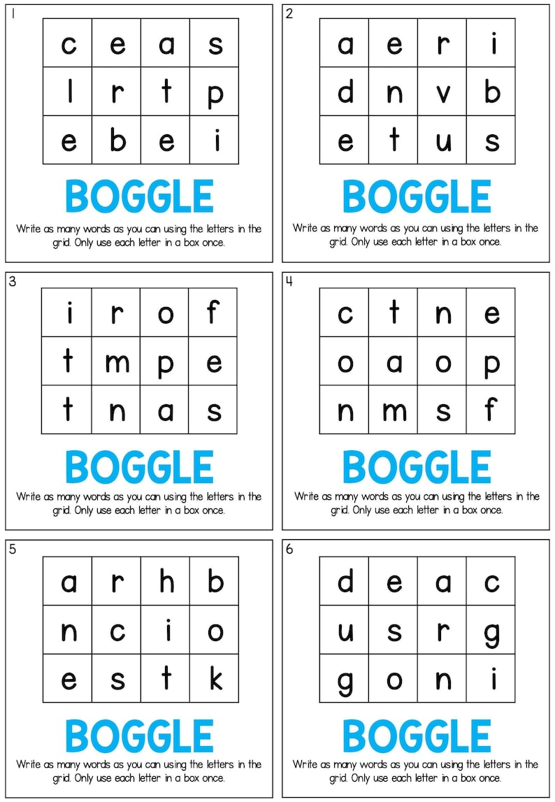 Boggle Cards for Spelling and Making Words, Printable PDF Boggle ...