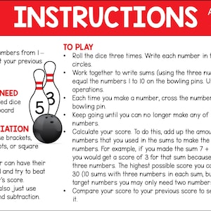 Four Operations Math Game, Bowling Numbers, Math Facts Printable PDF ...