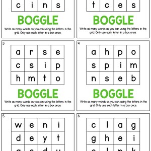 Boggle Cards for Spelling and Making Words, Printable PDF Boggle ...