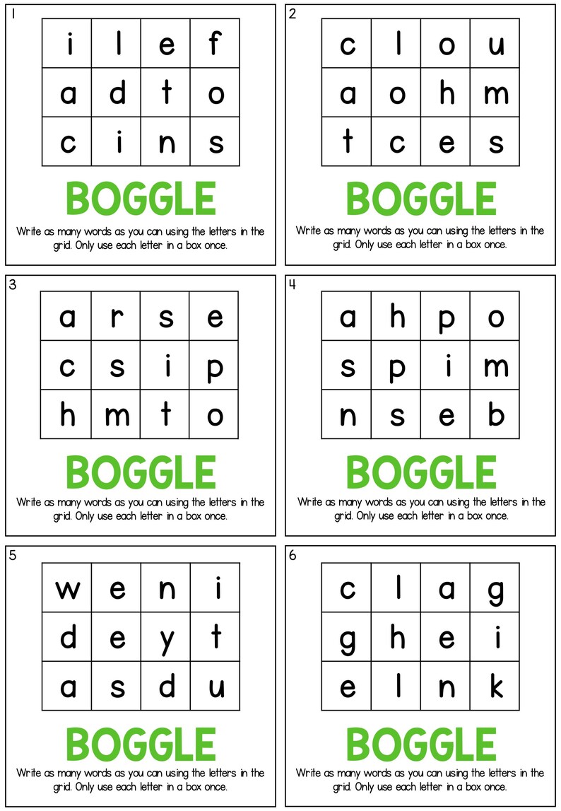 Boggle Cards for Spelling and Making Words, Printable PDF Boggle, Spelling Game Taskcards, Fast ...