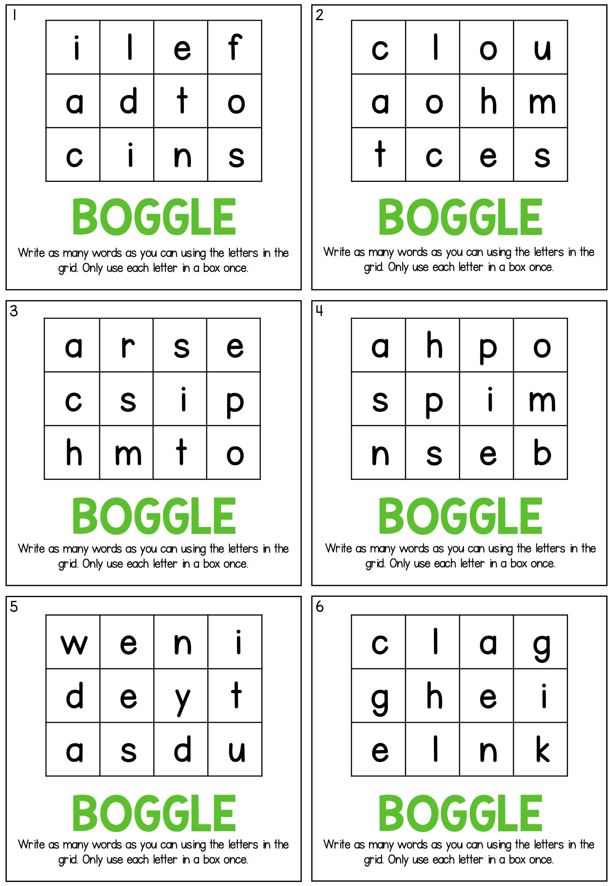 Boggle Cards for Spelling and Making Words, Printable PDF Boggle ...