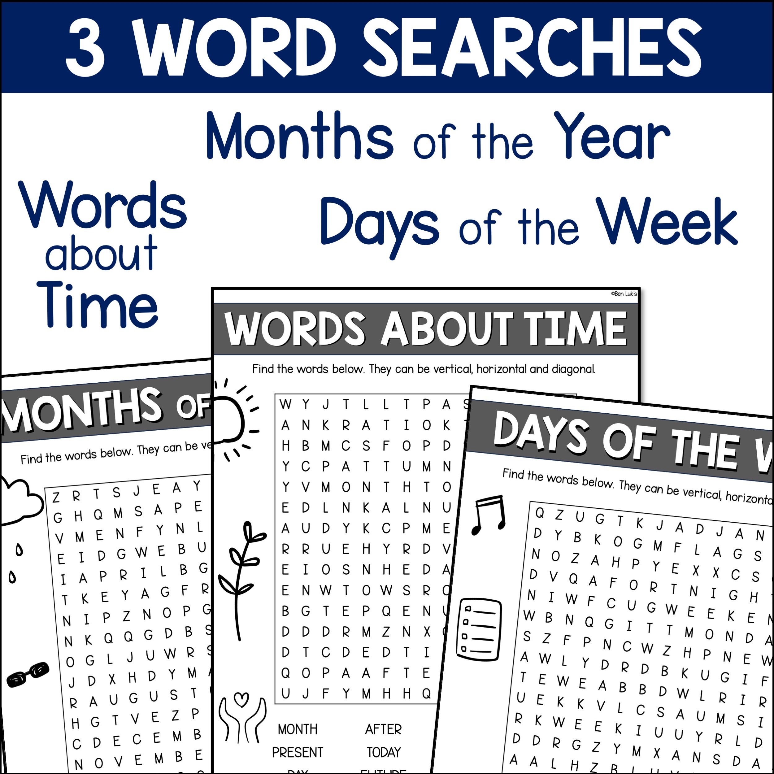 Word Search Puzzles for Days of Week, Months of the Year, Time Word ...