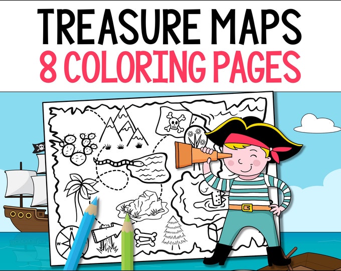4 Pirate Treasure Maps Colouring Pages in PDF Format for Travel and ...