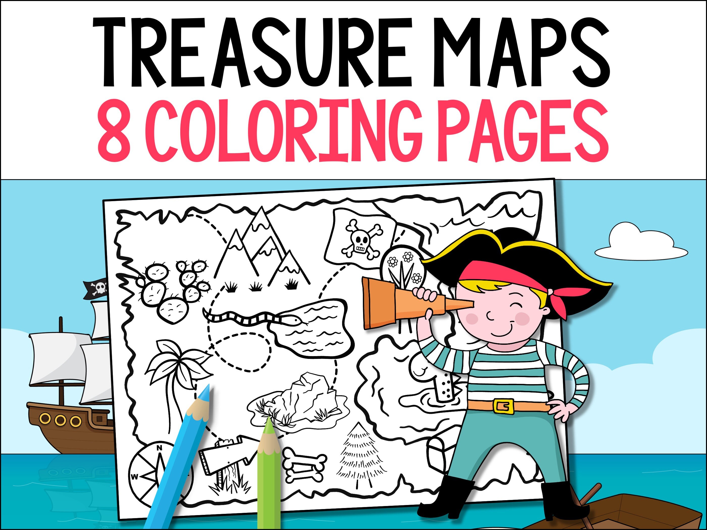 Pirate Treasure Maps Coloring Pages, Kids Printable Activity, Digital ...