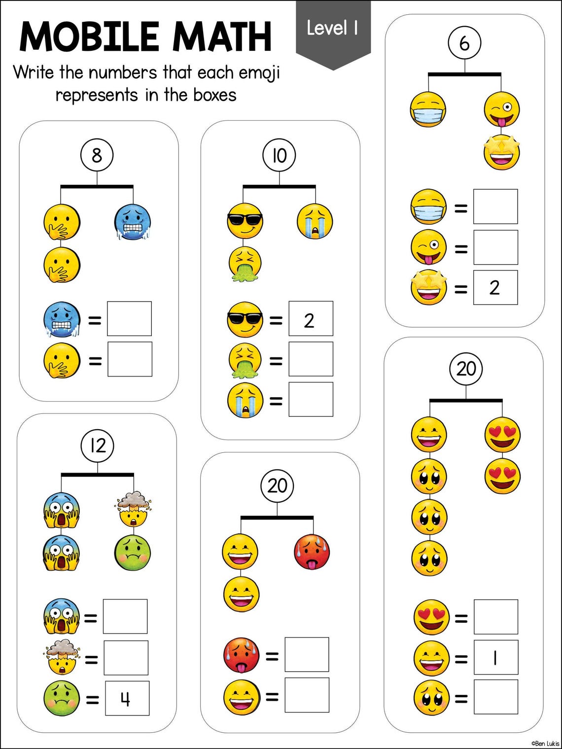 Early Algebra Math Worksheets, Emoji Addition & Subtraction (printable ...