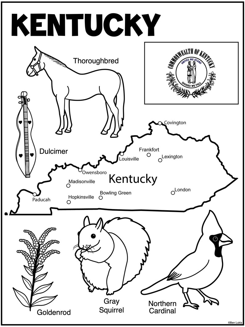 50 USA States Coloring Pages, US State Symbols and Flags, School ...