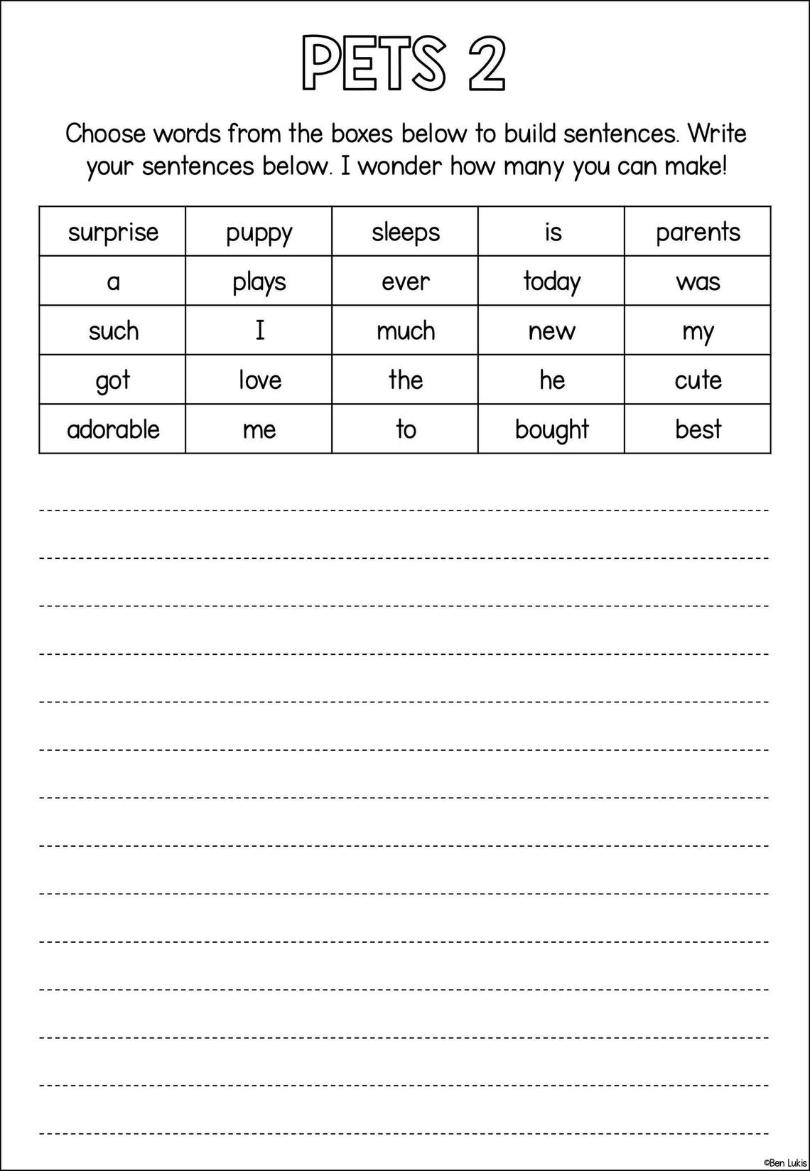 Building Sentences Using Words, Writing Sentences About Pets, Printable ...