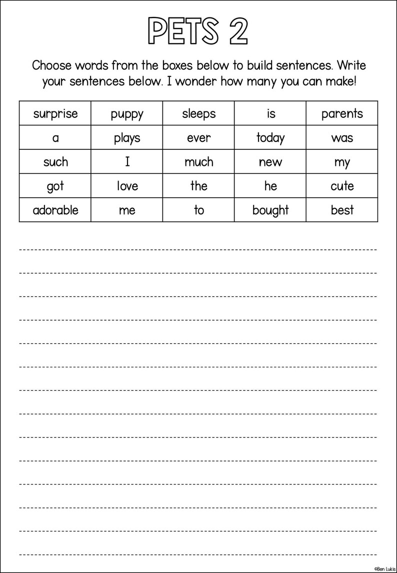 Building Sentences Using Words, Writing Sentences About Pets, Printable ...