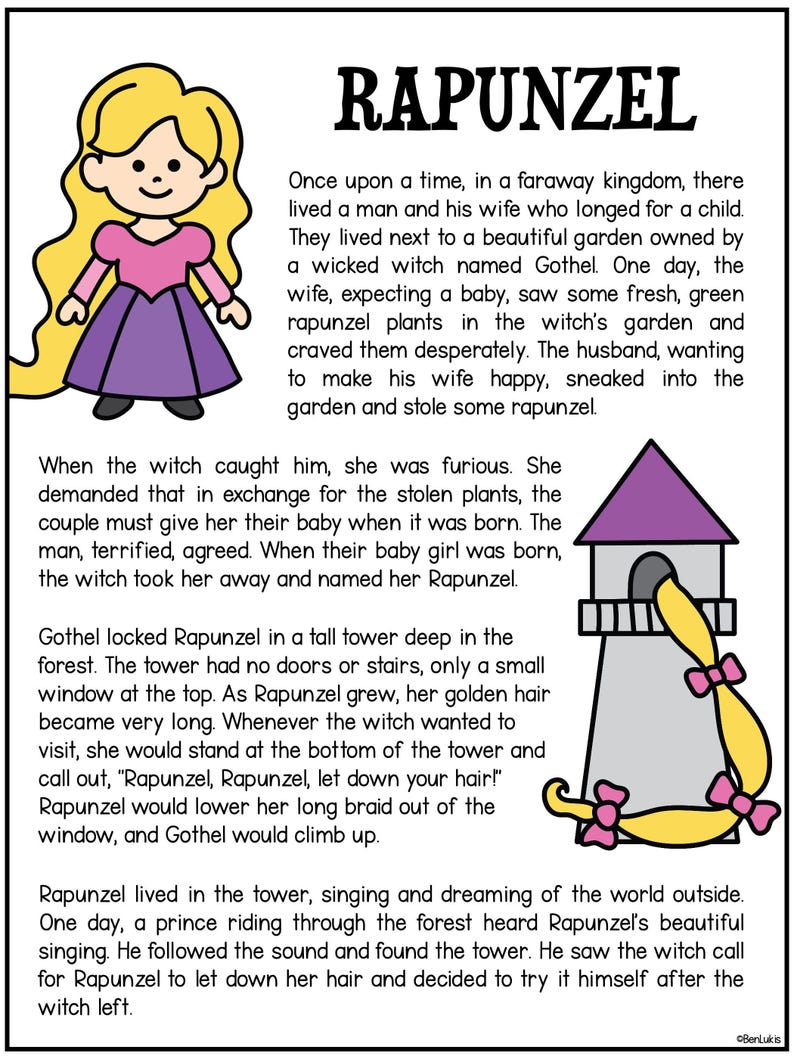 Rapunzel Activity Book, Reading Comprehension, Coloring (digital ...