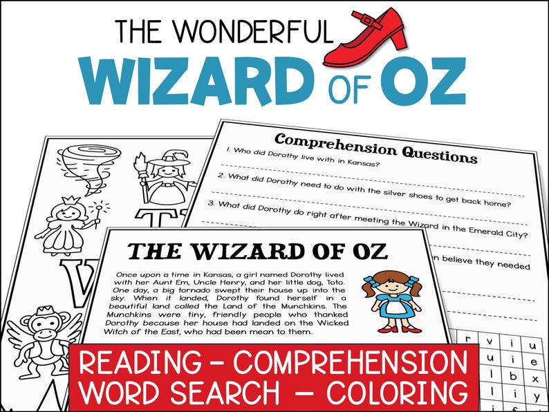Wizard of Oz Printable Activity Pack, Reading Comprehension, Coloring ...