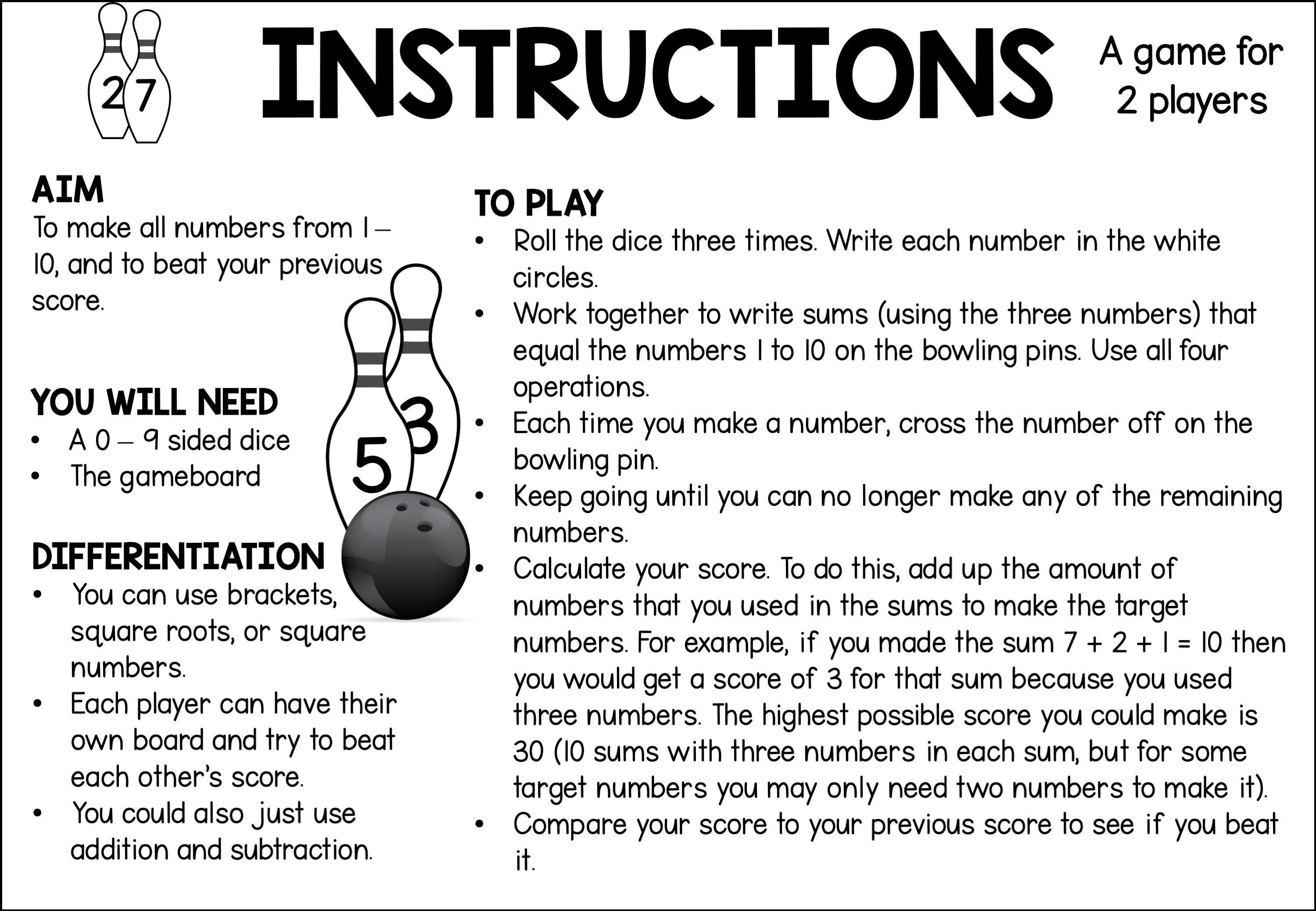 Four Operations Math Game, Bowling Numbers, Math Facts Printable PDF ...