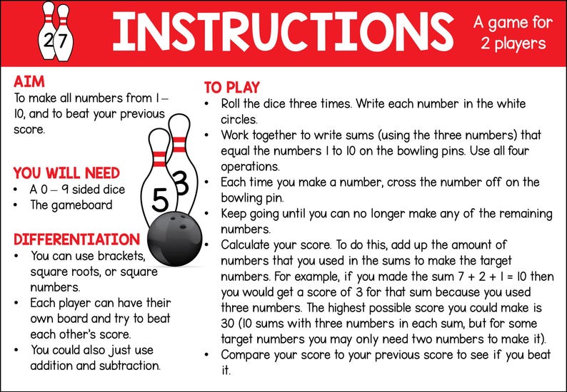 Four Operations Math Game, Bowling Numbers, Math Facts Printable PDF ...