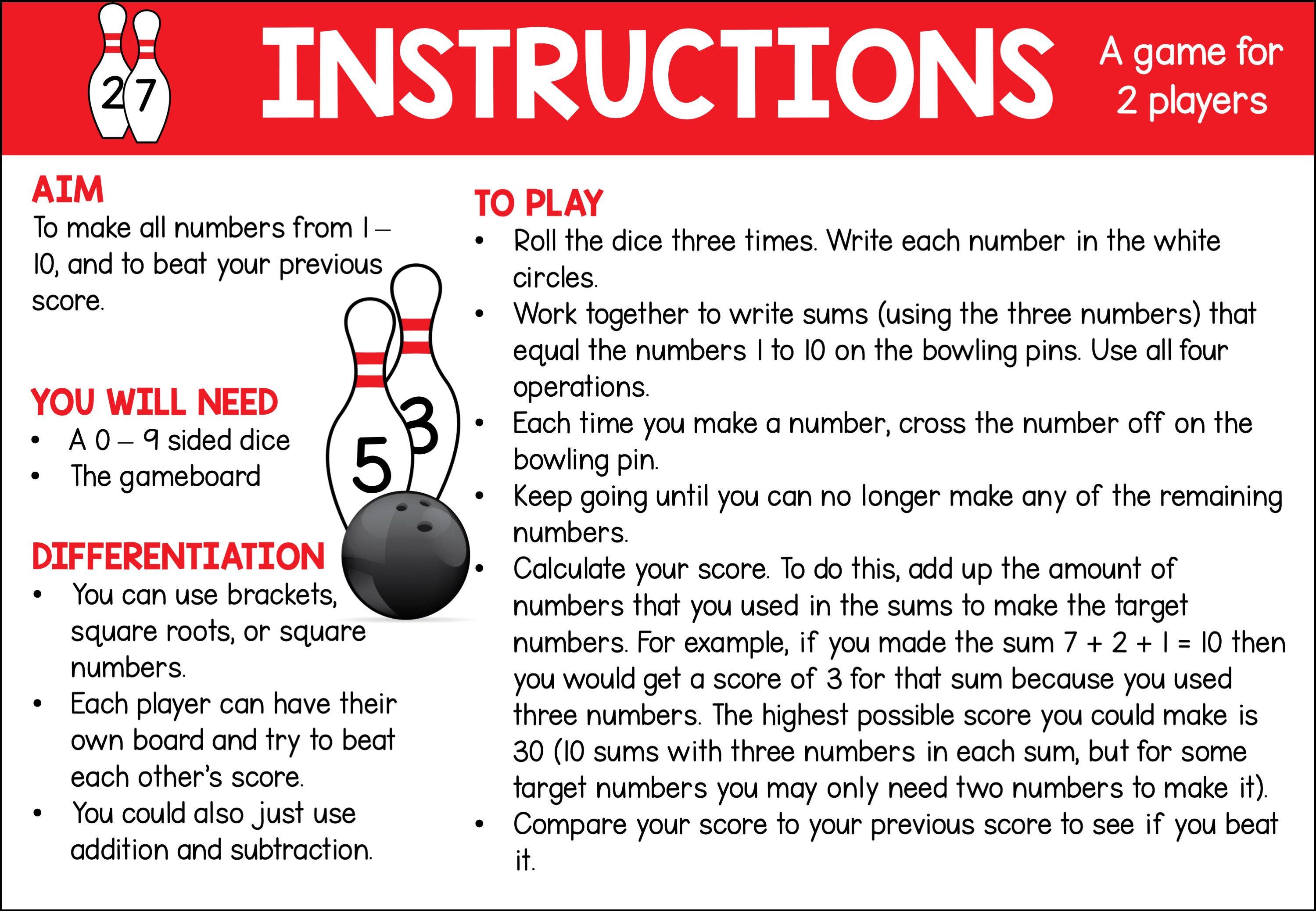 Four Operations Math Game, Bowling Numbers, Math Facts Printable PDF ...
