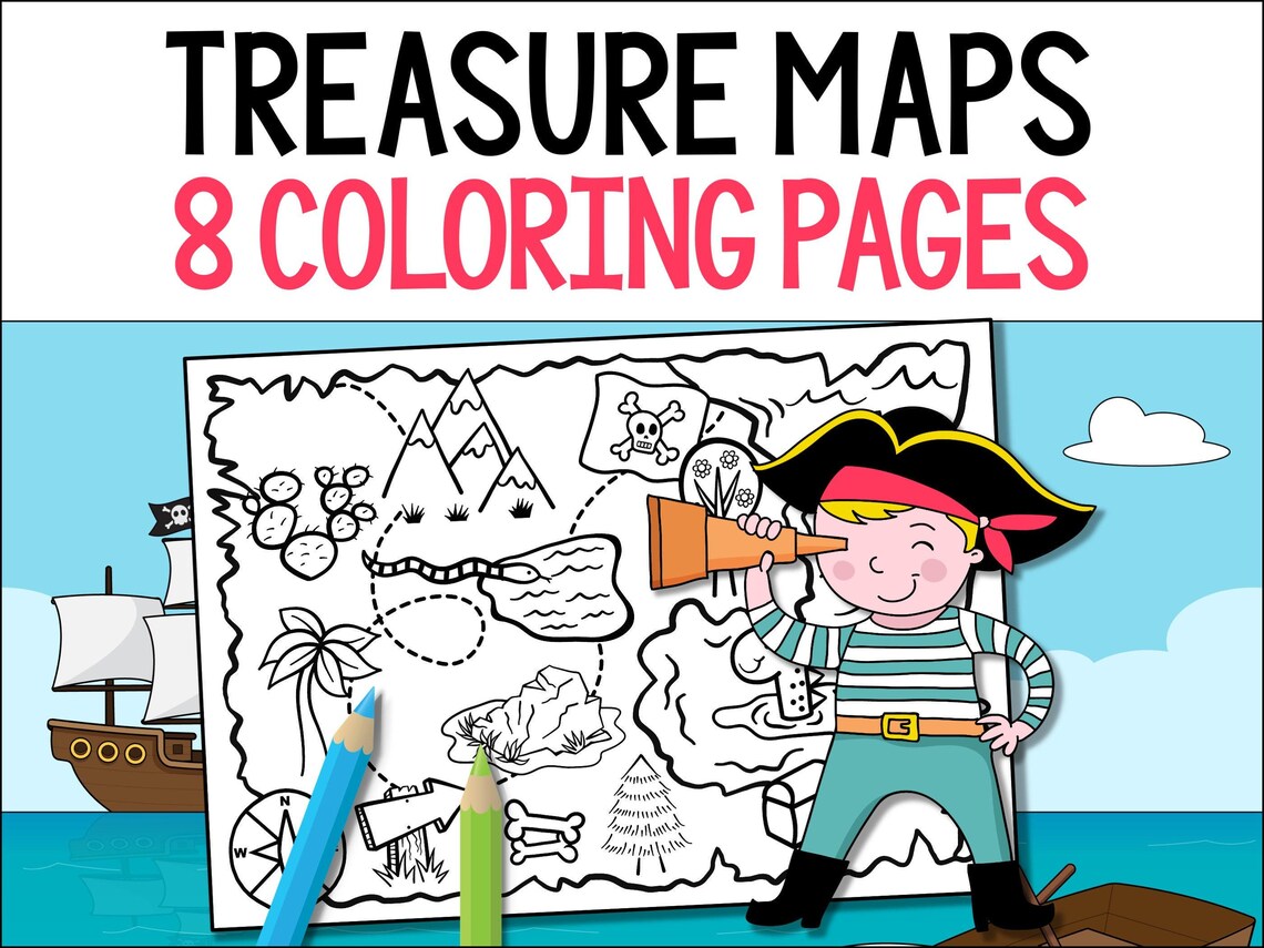 Pirate Treasure Maps Coloring Pages, Kids Printable Activity (digital ...