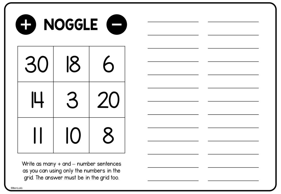 Addition and Subtraction Math Game, Noggle - Math Boggle, Printable ...