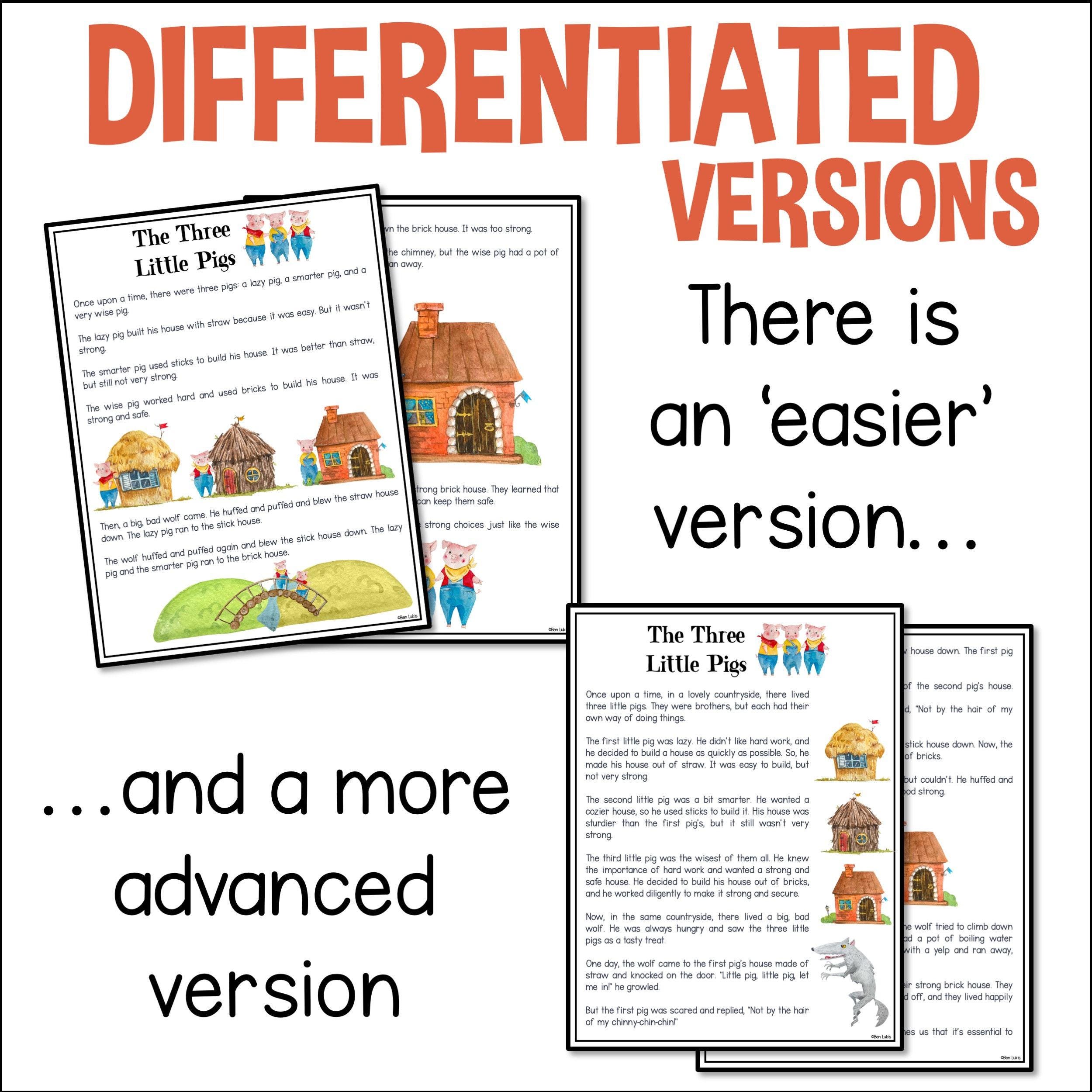 Three Little Pigs Reading Passages, Fairy Tale to Read, Differentiated ...