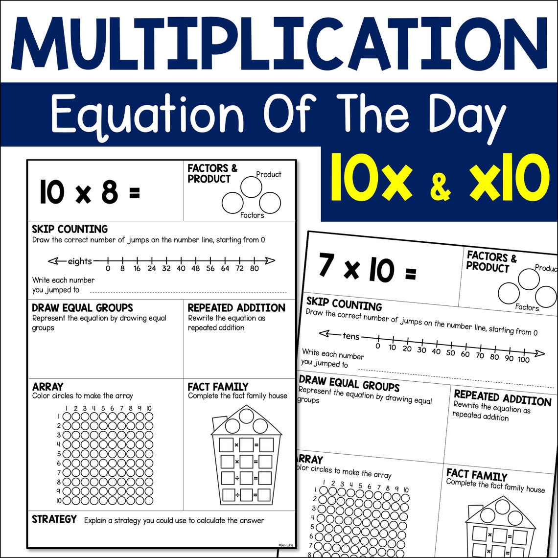 10 Times Table Multiplication Equation of the Day Practice Worksheets ...