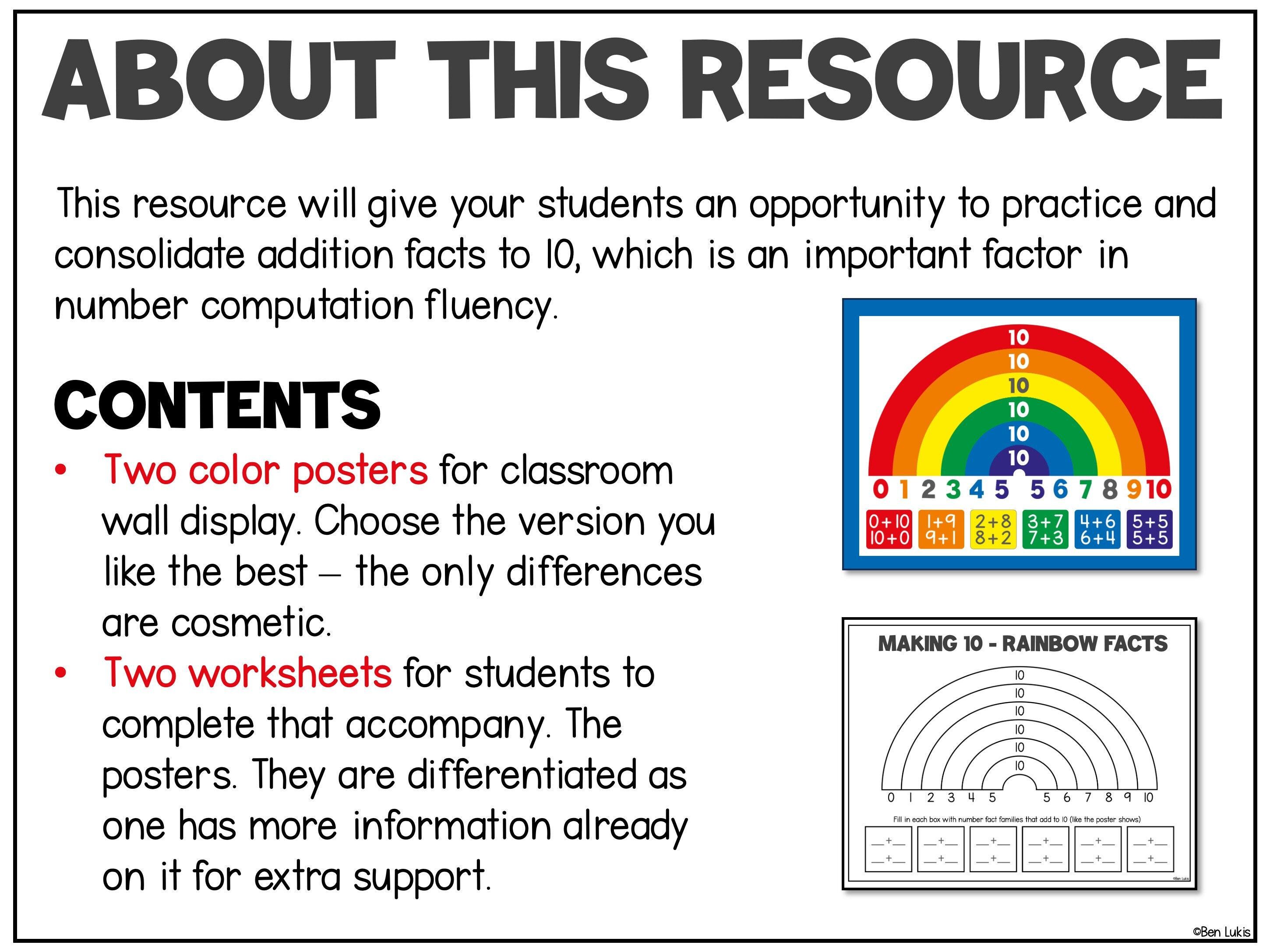 Addition to 10 Number Bonds Printable Poster and Math Fluency Worksheet ...