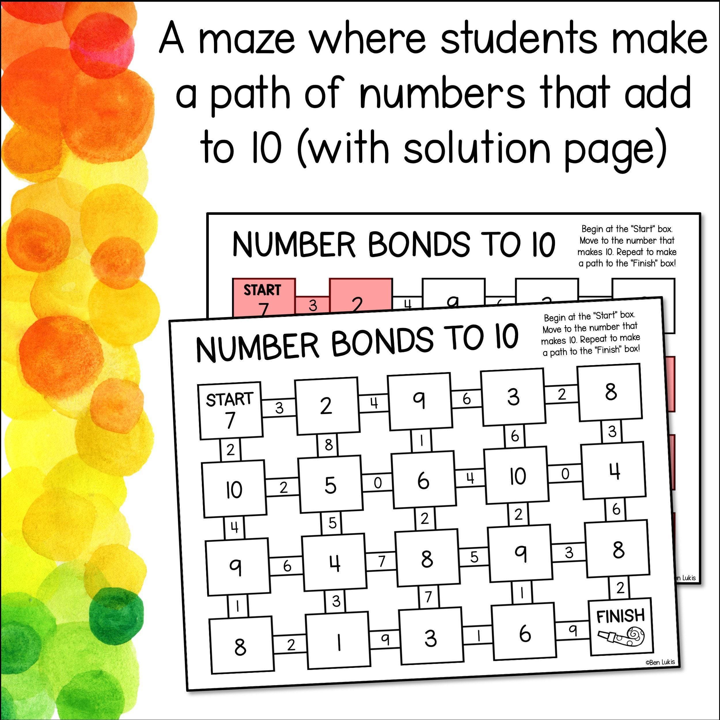 Addition Math Mazes for Kids, Number Bonds to 10 and 20, Printable PDF ...