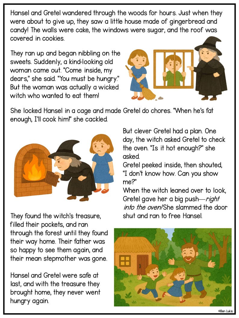 Hansel and Gretel Reading Passages, Printable Fairy Tale (PDF) - Etsy