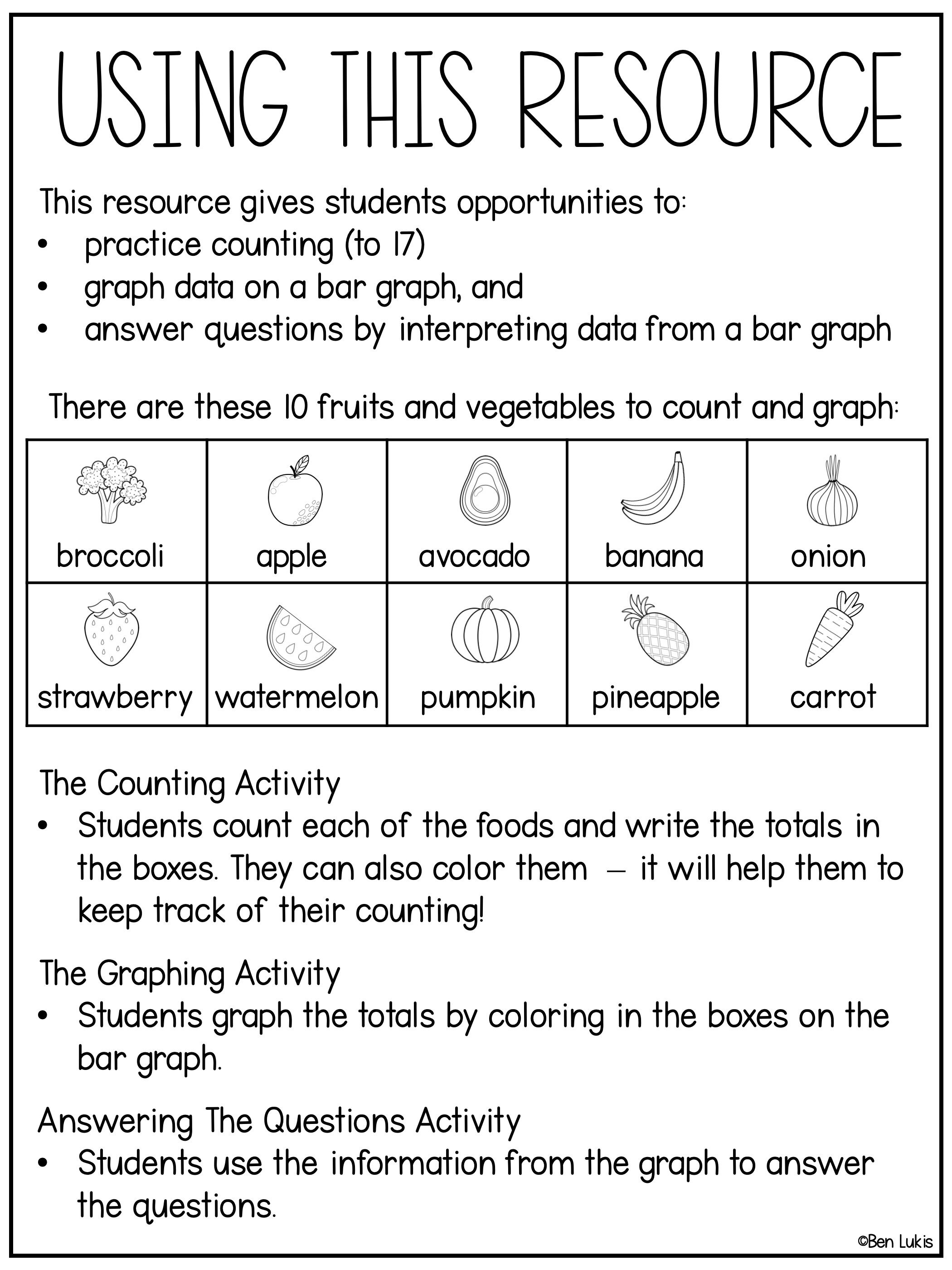 Fruit and Vegetables Count & Graphing Math Worksheets, Healthy Eating ...