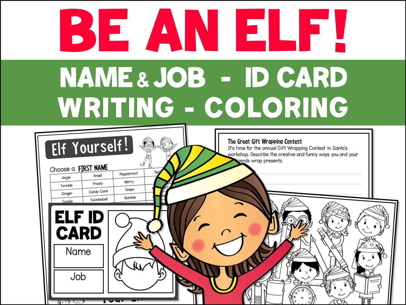 Christmas Elf Activities, Name Generator, ID Card, Coloring (digital ...