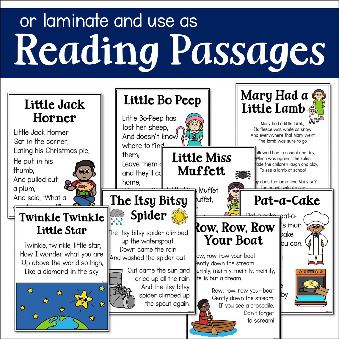 Nursery Rhyme Posters and Reading Passages for Kids, Printable ...