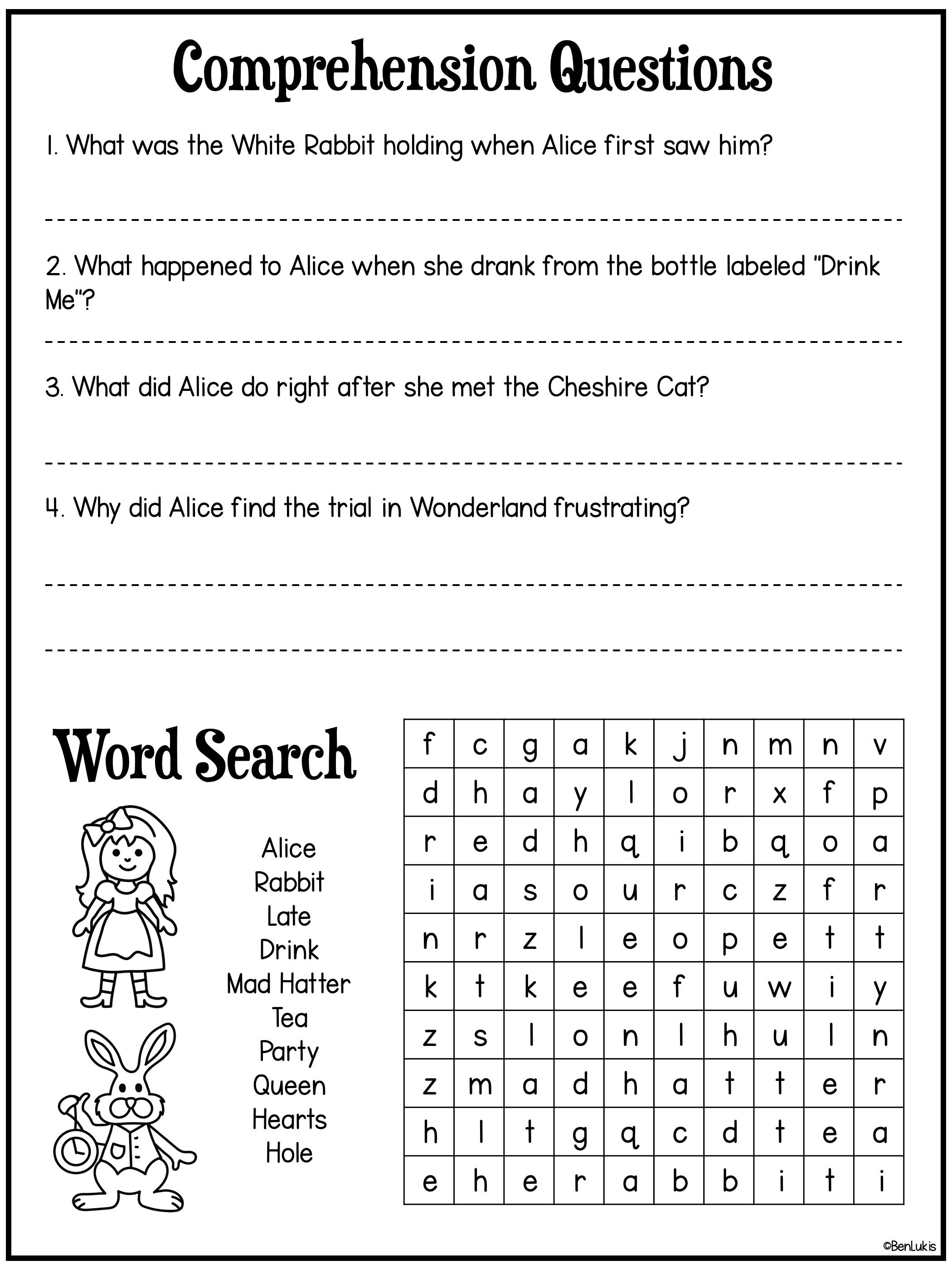 Alice in Wonderland Reading Activities Pack, Comprehension Questions ...