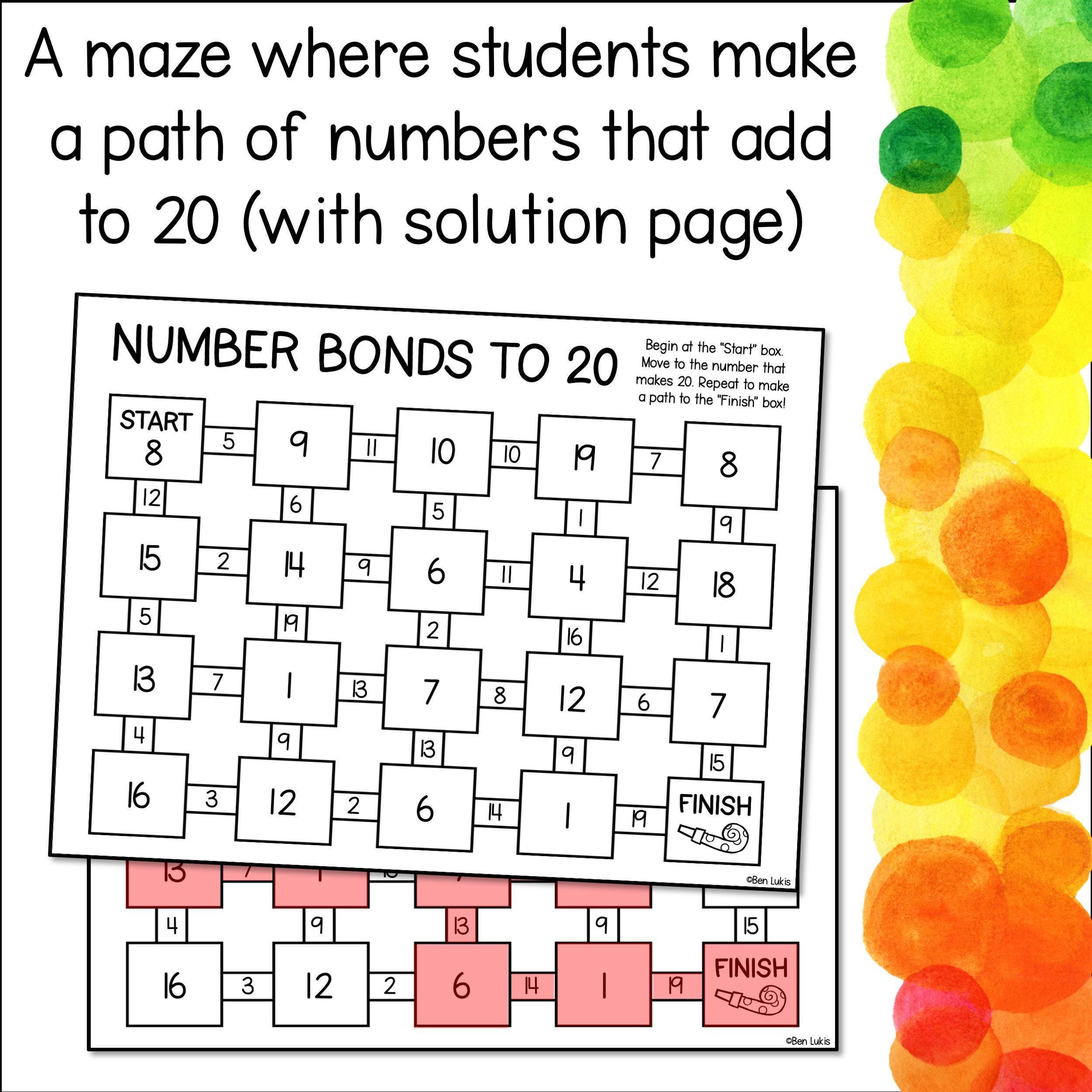 Addition Math Mazes for Kids, Number Bonds to 10 and 20, Printable PDF ...